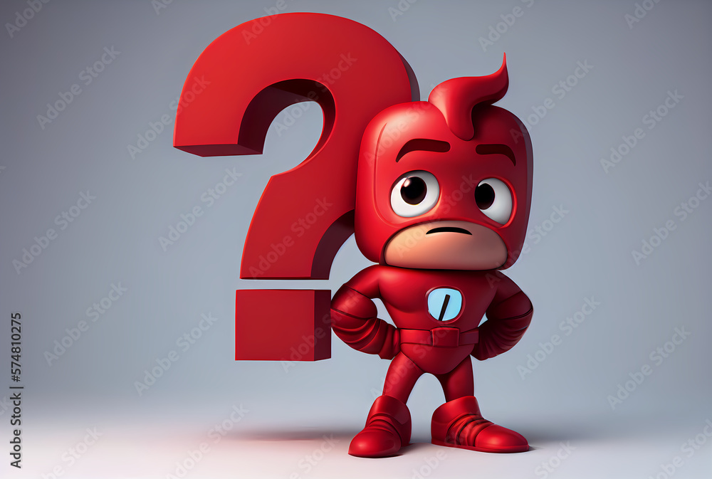 3D cute superhero character with a question mark, FAQ mascot, red ...