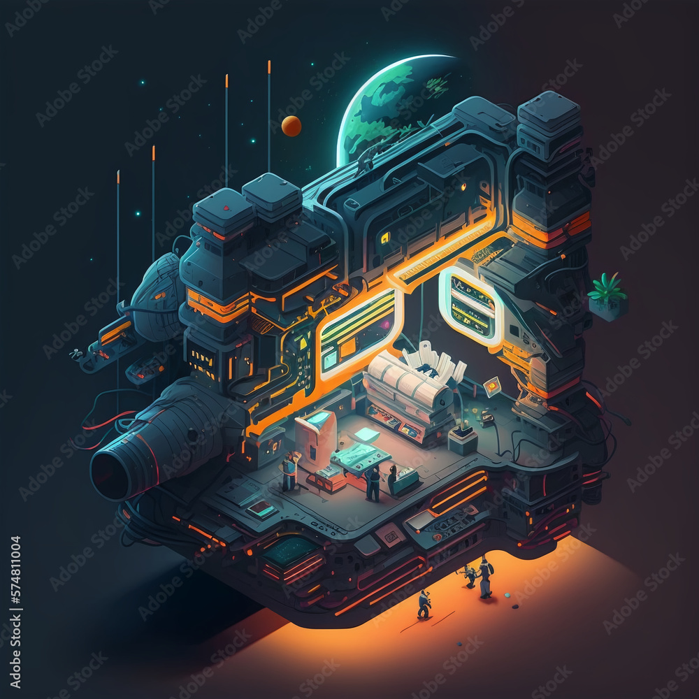 isometric illustration of a space station, complete with astronauts ...