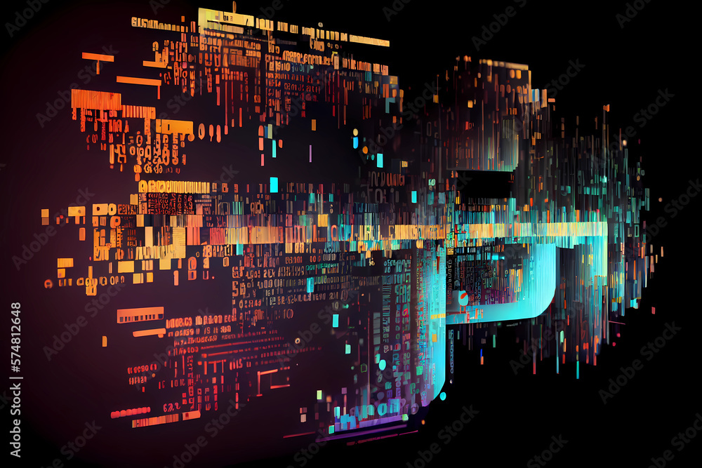 3D render abstract technology background with glitched code. Concept of a programming and IT ...