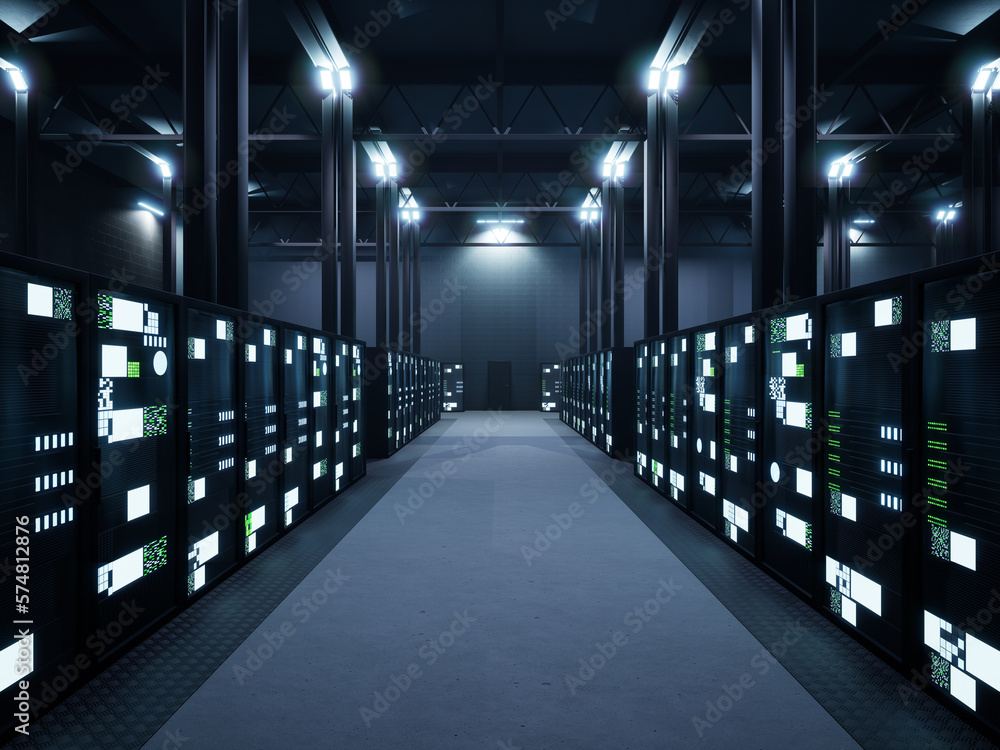 Data center space with multiple rows of server racks, digital ...