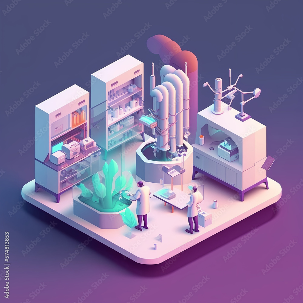 isometric illustration of a futuristic laboratory, with scientists ...