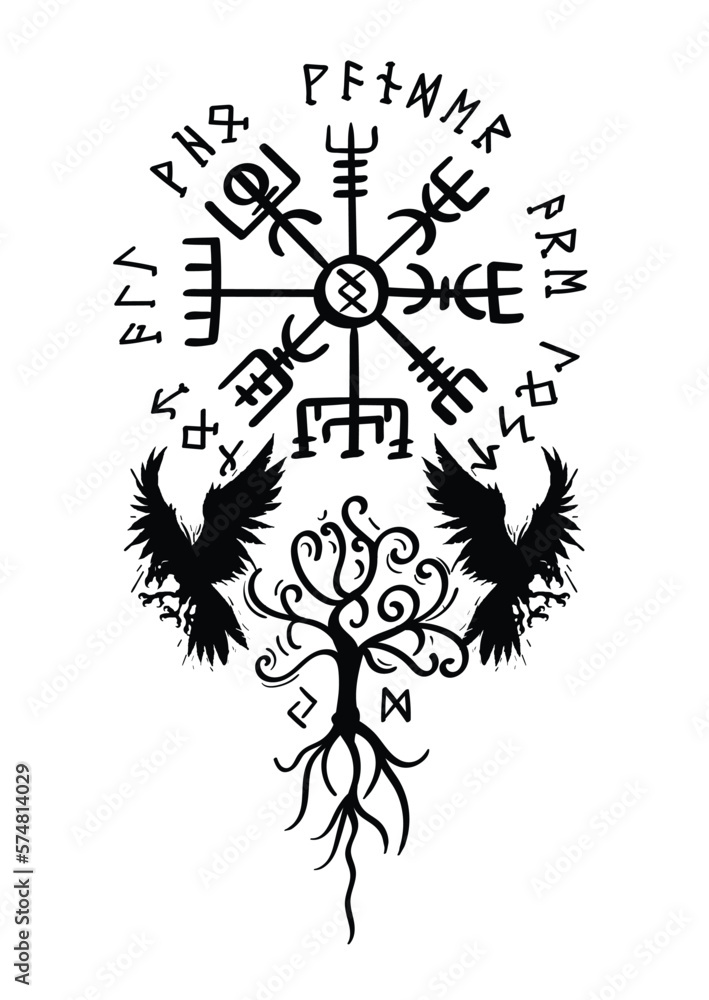 Yggdrasil, the tree of life. Vikings symbol Odin,with futhark runes ...