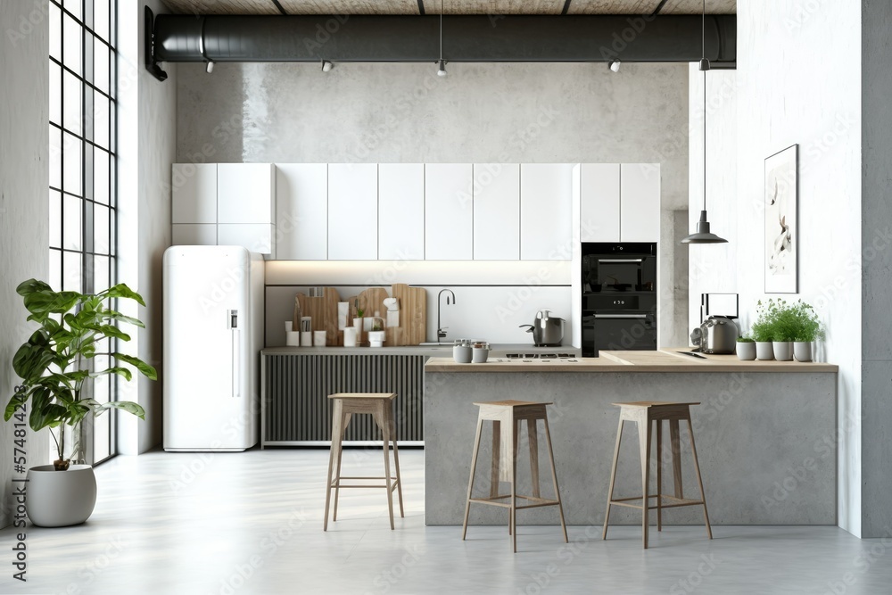 Loft kitchen corner with white walls, concrete floor, white bar, and ...