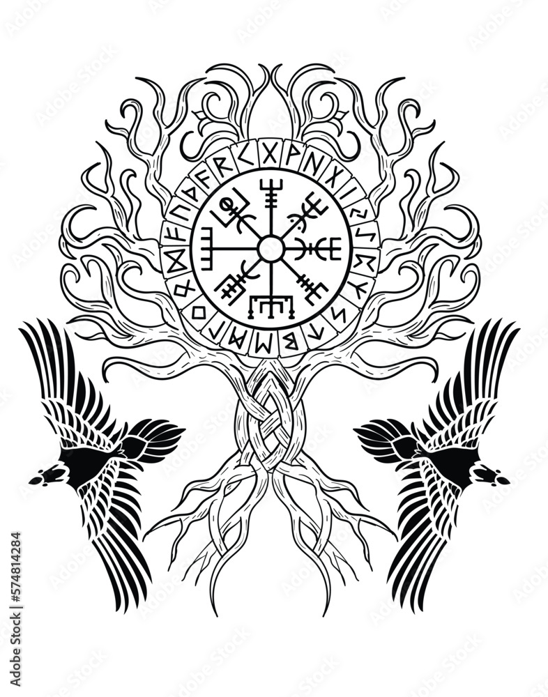 Vetor de Yggdrasil, the tree of life. Vikings symbol Odin,with futhark runes , YGGDRASIL PAGAN ...