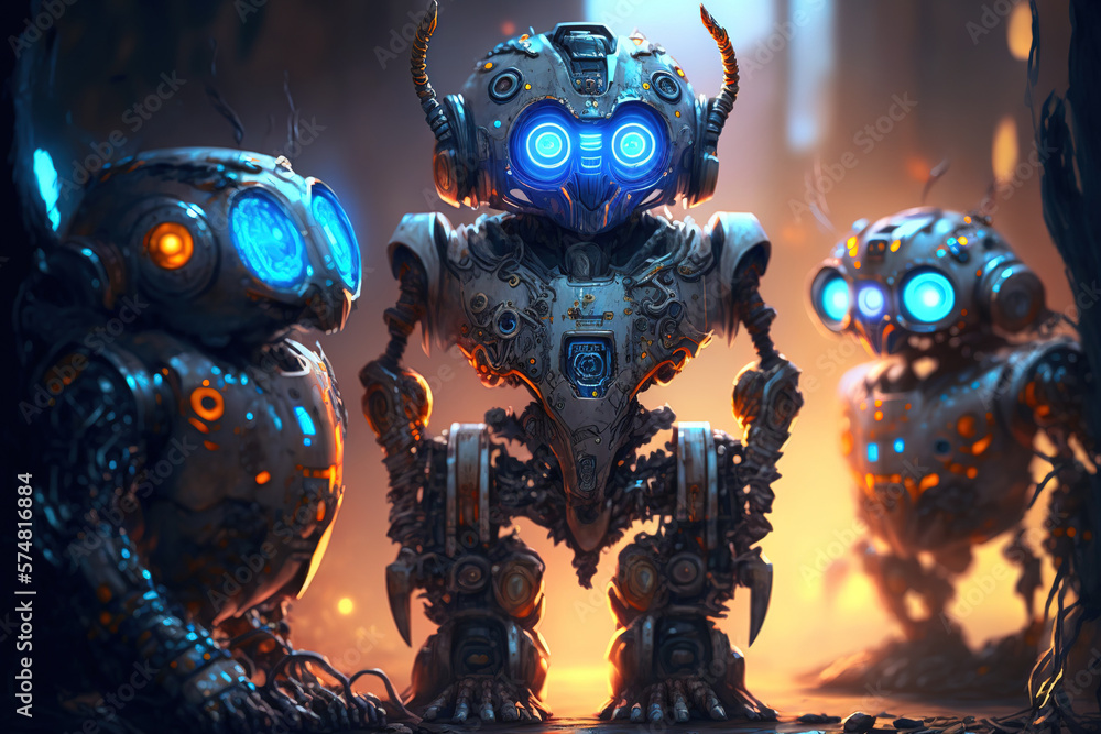 Cartoon AI robots, androids with artificial intelligence, and cyborgs ...