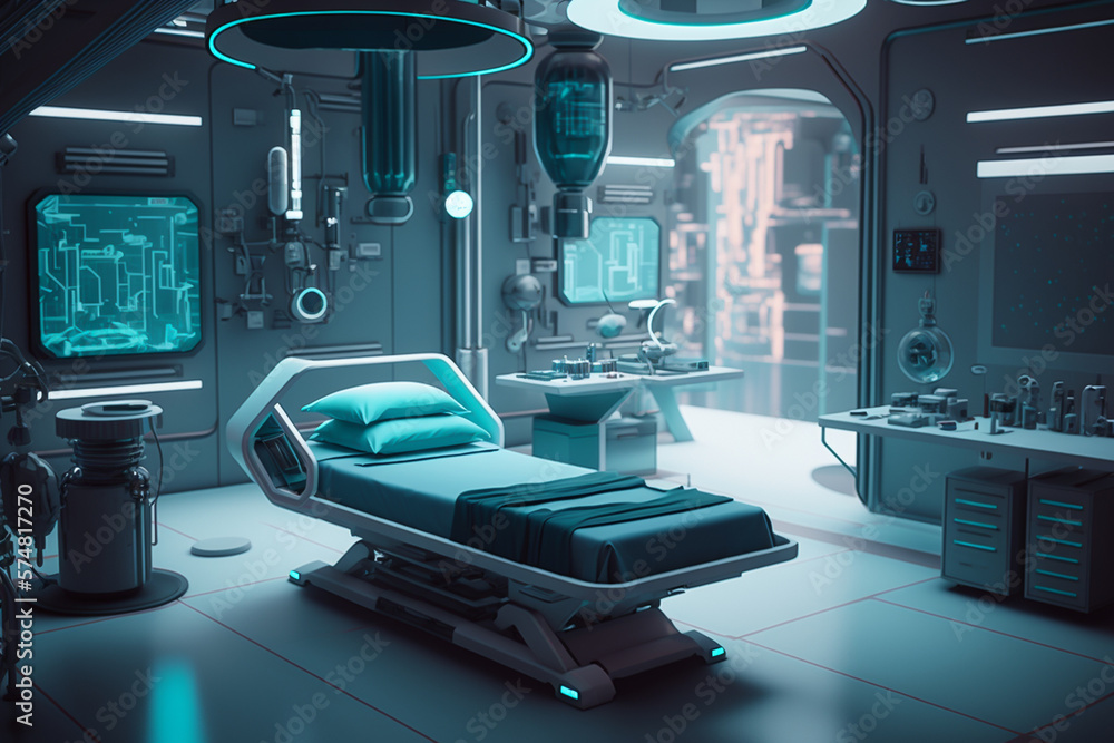 Futuristic medical hospital or facility illustration with med beds and ...