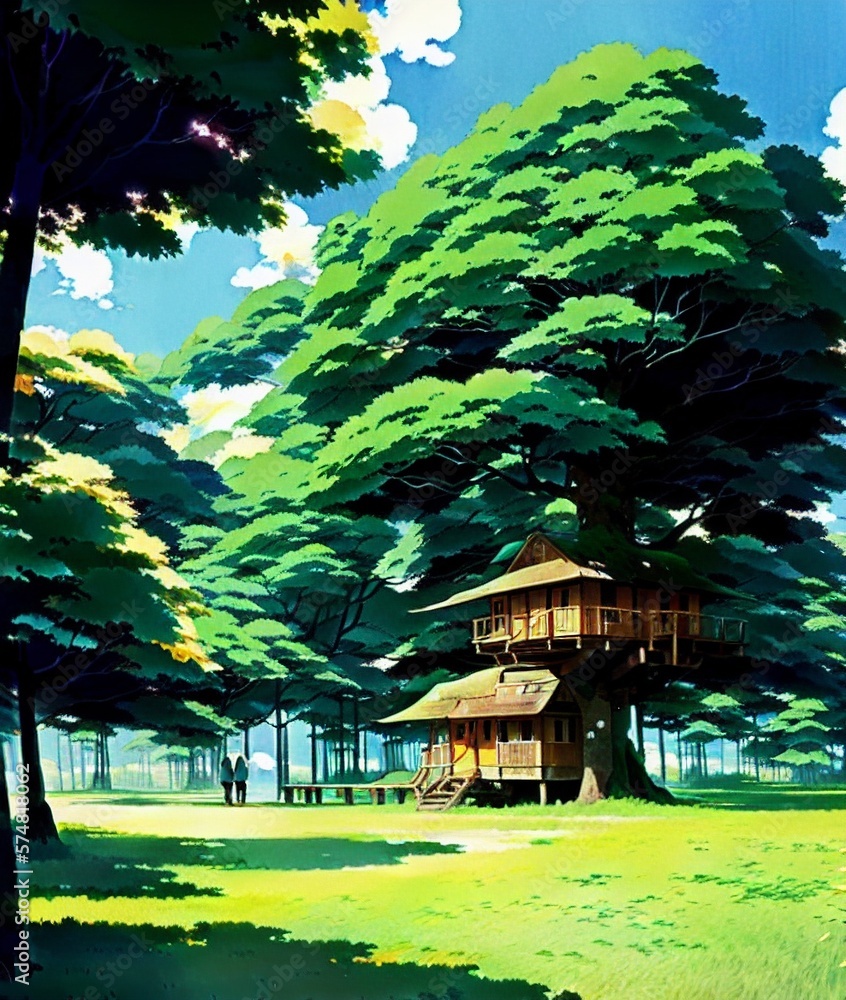 anime style illustration of a treehouse in a large tree, beautiful ...