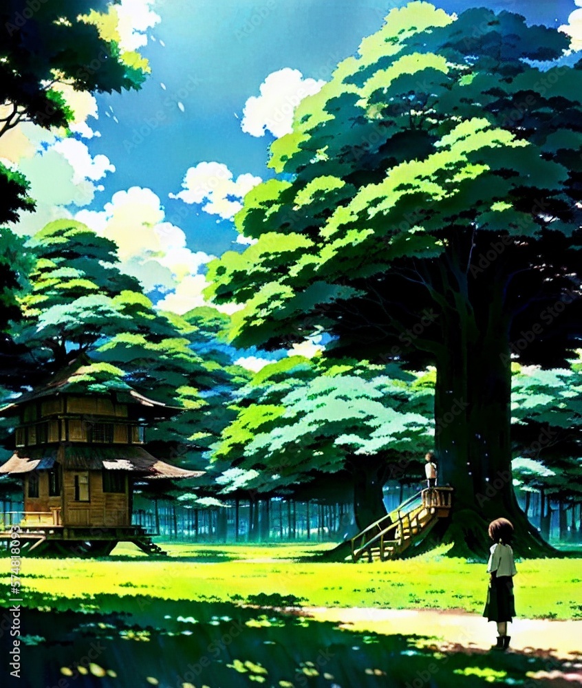 anime style illustration of a treehouse in a large tree, beautiful ...