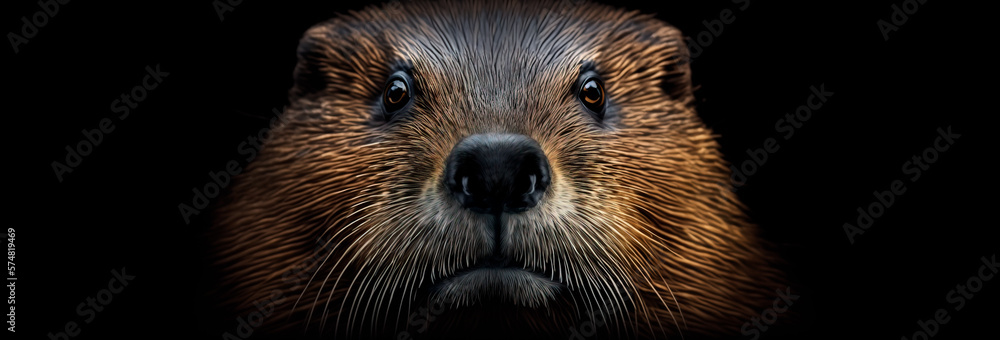 Close up of a beaver. Portrait of a beaver head and eyes on black ...