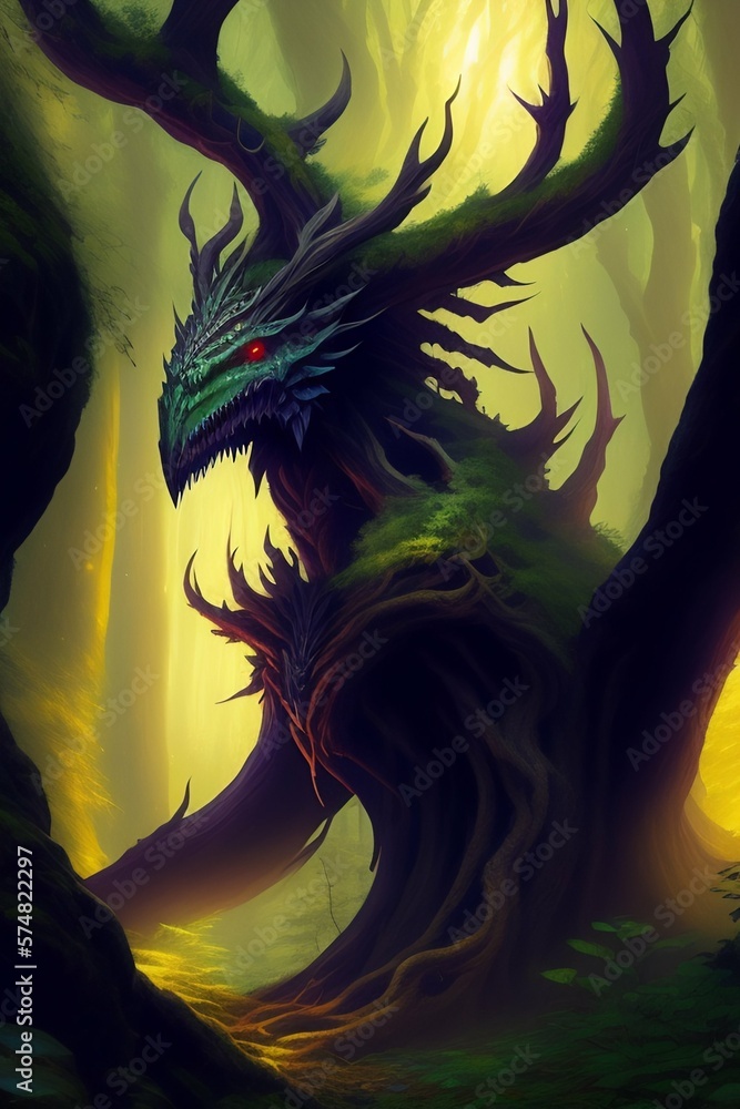 Mysterious Fantasy Illustration Of An Eerie Tree Monster In The Forrest ...