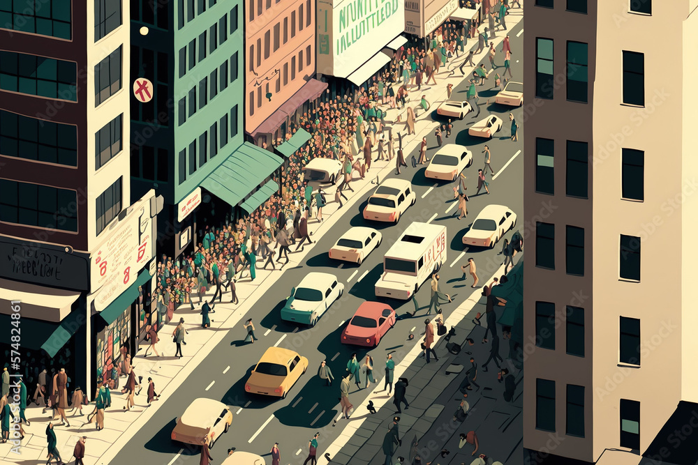 Cartoon illustration of a busy modern metropolitan street at rush hour ...