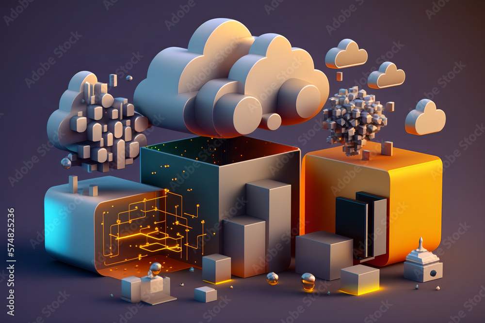 A futuristic 3D landscape with interconnected clouds and containers ...