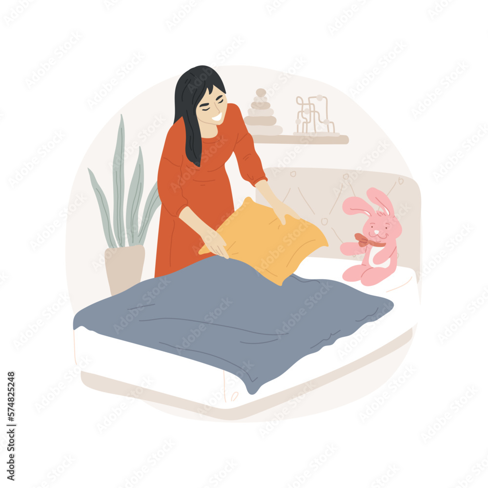 Making bed isolated cartoon vector illustration. Smiling mom fixing ...