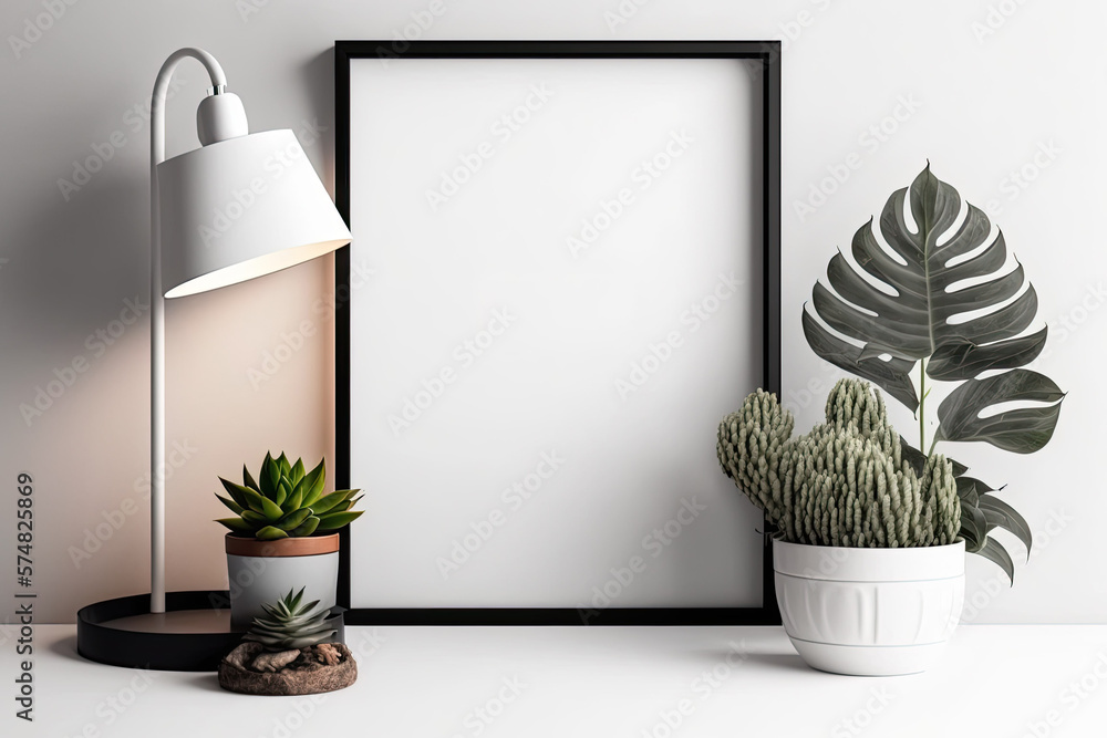 mockup of an empty camera frame with a beautiful plant on a shelf and a ...