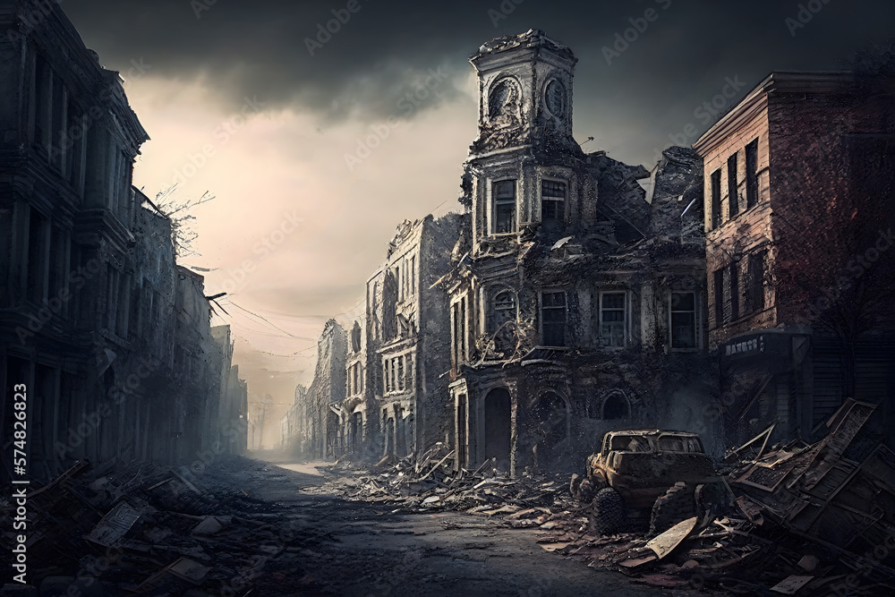 A city destroyed by war, shown in a dark atmosphere. Dust, damage and ...