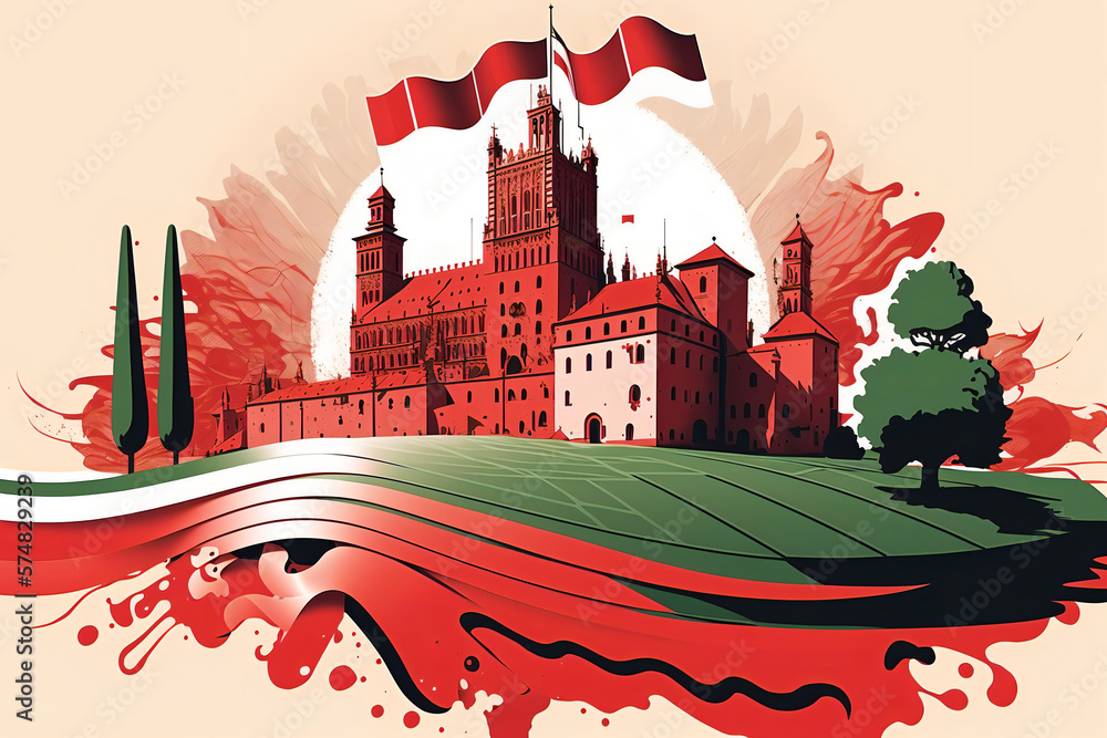 The foreground features a stylized map of Poland with the Polish flag ...