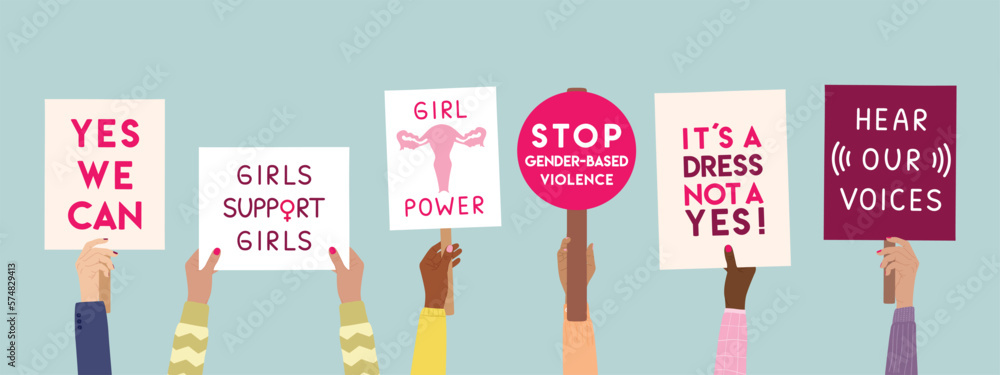 Feminist strike. Hands of diverse woman hold banners with woman ...