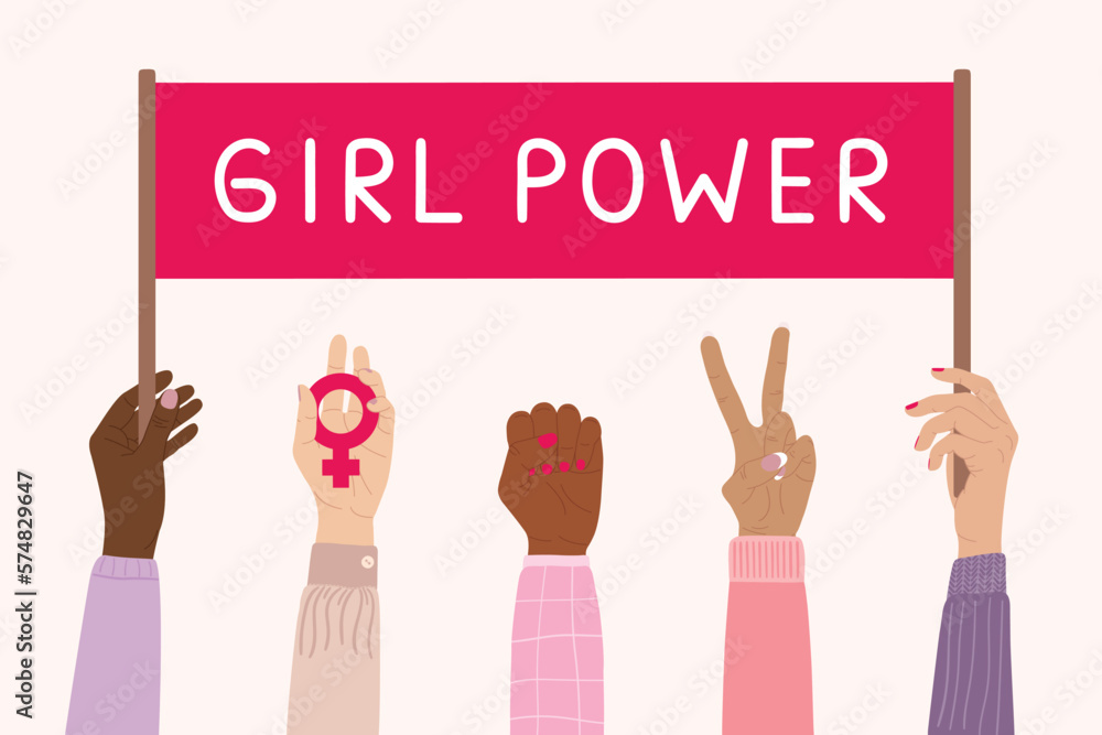 Feminist strike. Hands of diverse woman hold banners with woman ...