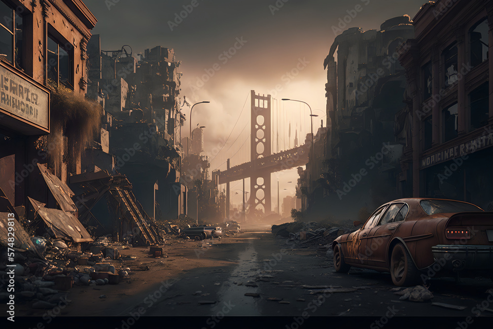 A post-apocalyptic view of San Francisco with a focus on the iconic ...