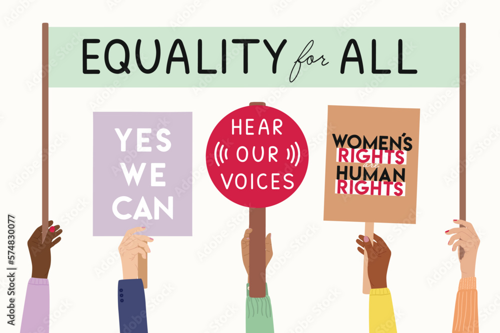 Feminist strike. Hands of diverse woman hold banners with woman ...