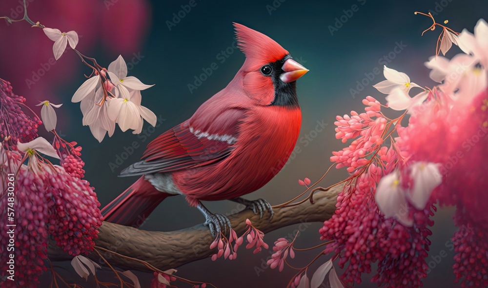 Virginian cardinal on the branch among leaves and flowers in forest ...