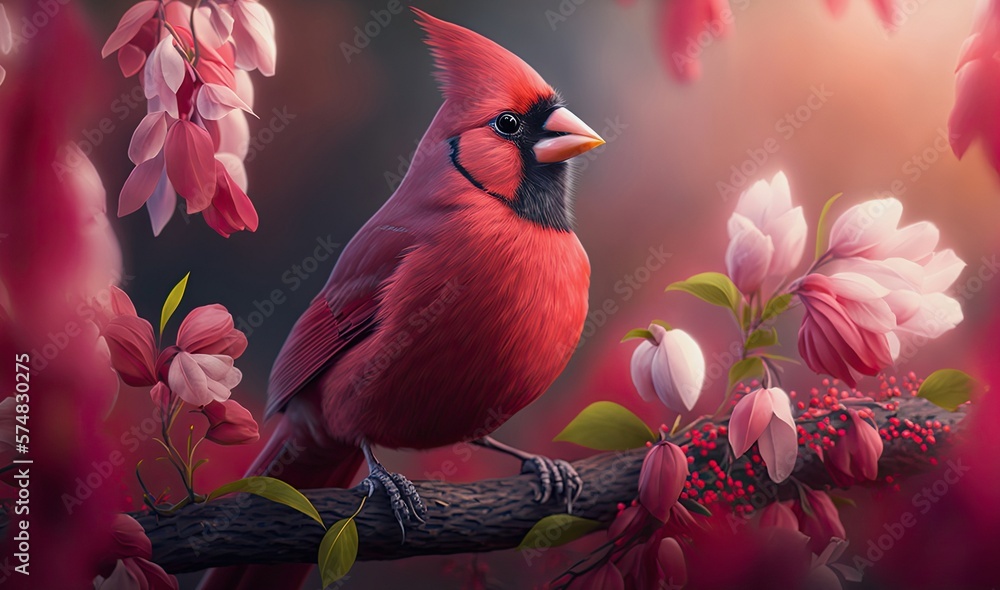 Virginian cardinal on the branch among leaves and flowers in forest ...