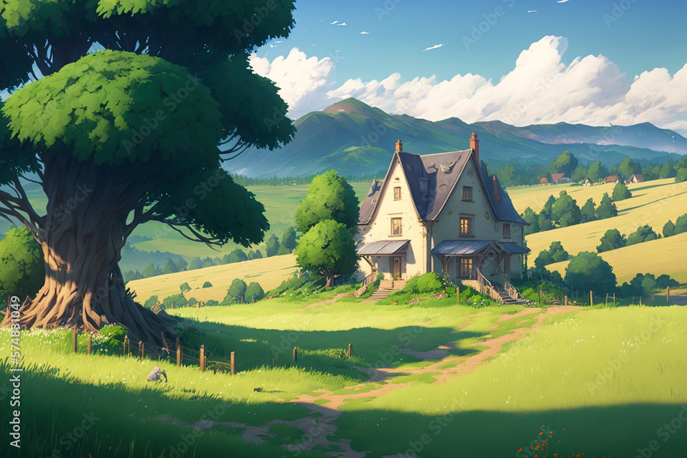 With harvest fields, trees, grass, farm animals, and a farmhouse on ...