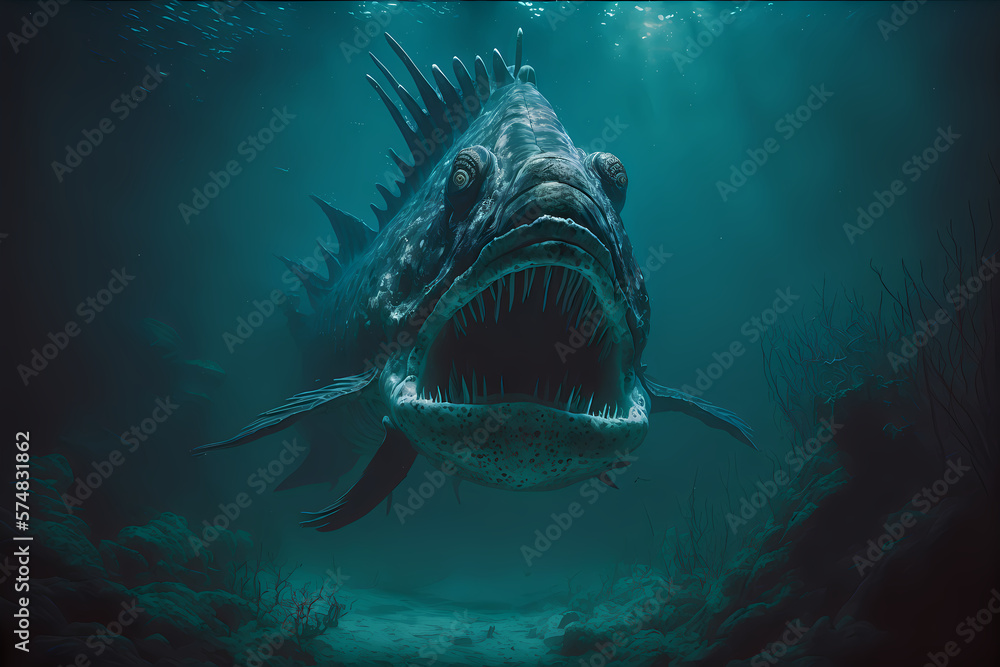 A giant angry underwater sea monster, terrifying sea creature ...