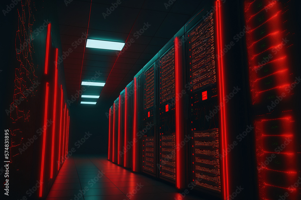 Panoramic View of a Busy Data Center with Rows of Rack Servers. Computers are operating, and red ...