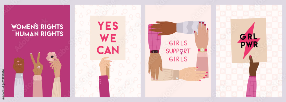 Set of feminist cards with woman rights, empowerment, girl power, fight ...