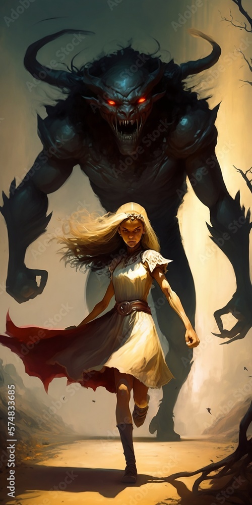 Fantasy Illustration of a Young Girl and a Big Demon Bodyguard Running ...