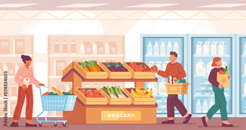 People in supermarket. Men and women buying grocery and choosing ...