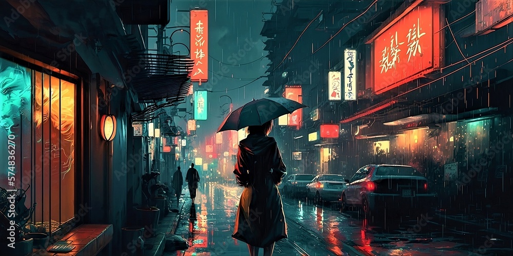 A Rain Soaked Neon Lit Metropolis at Night in Anime Style created with ...