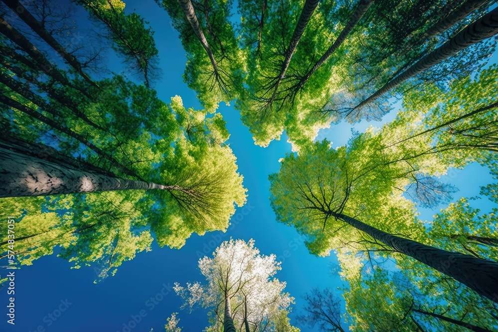 Clear blue sky and green trees seen from below. Carbon neutrality ...