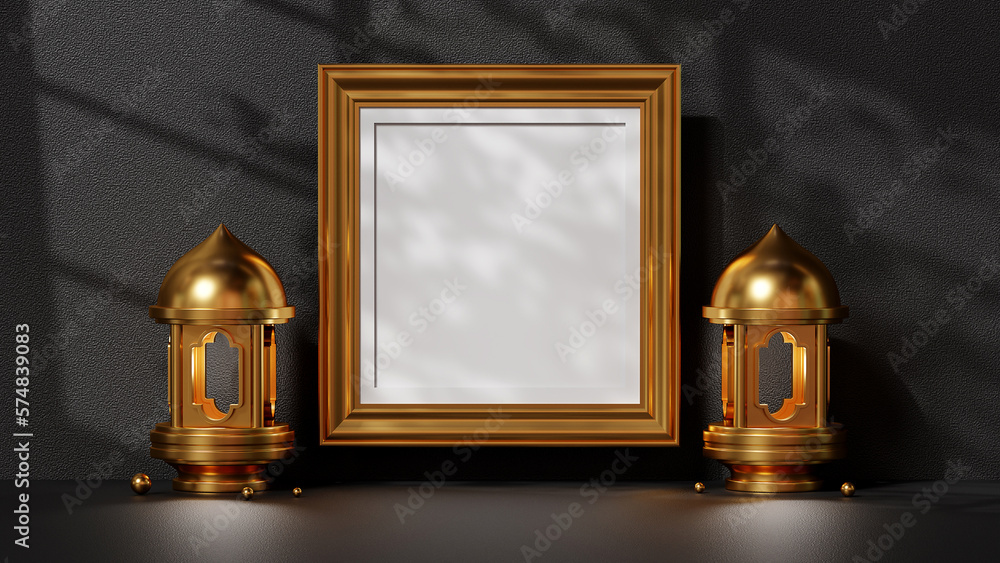 3d rendering gold frame mockup ramadan or hari raya, lamp of Islam ...