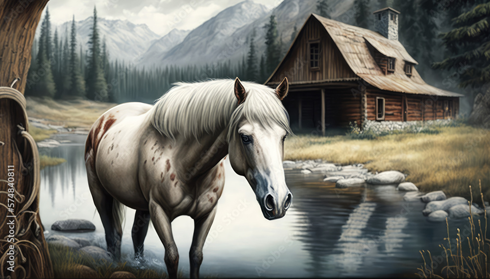 "Western Horse Art with Barn and Stream" - a stunning artwork of a ...