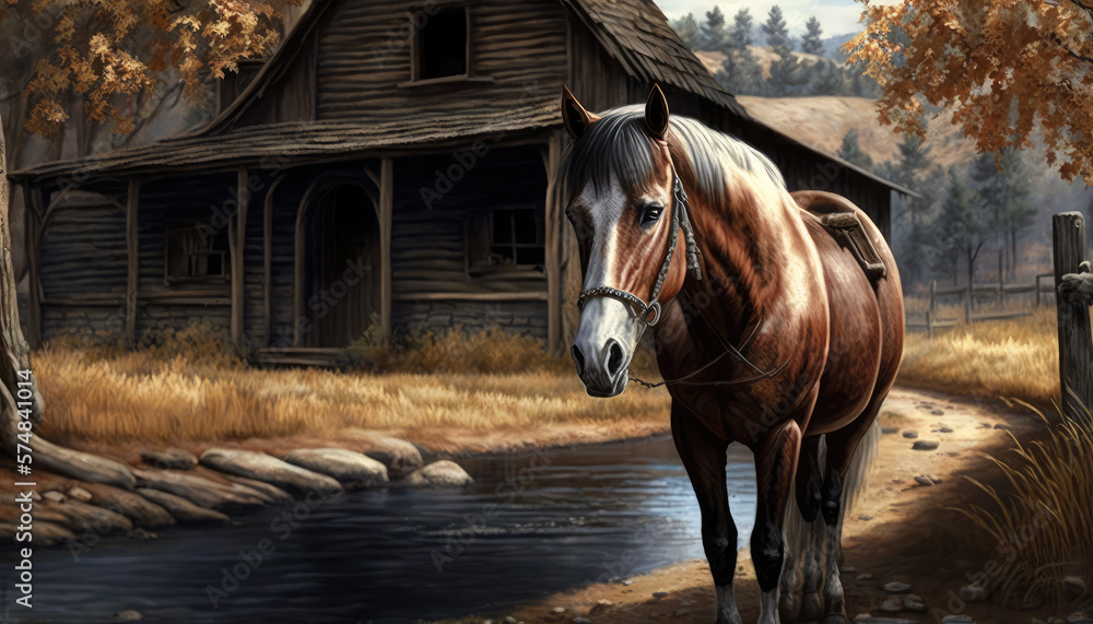 "Western Horse Art with Barn and Stream" - a stunning artwork of a ...