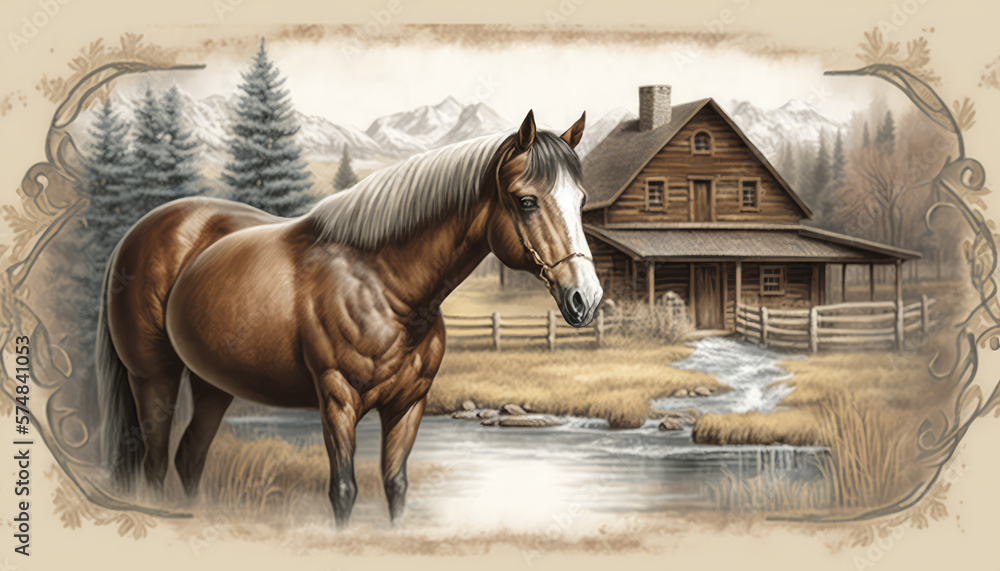 "Western Horse Art with Barn and Stream" - a stunning artwork of a ...