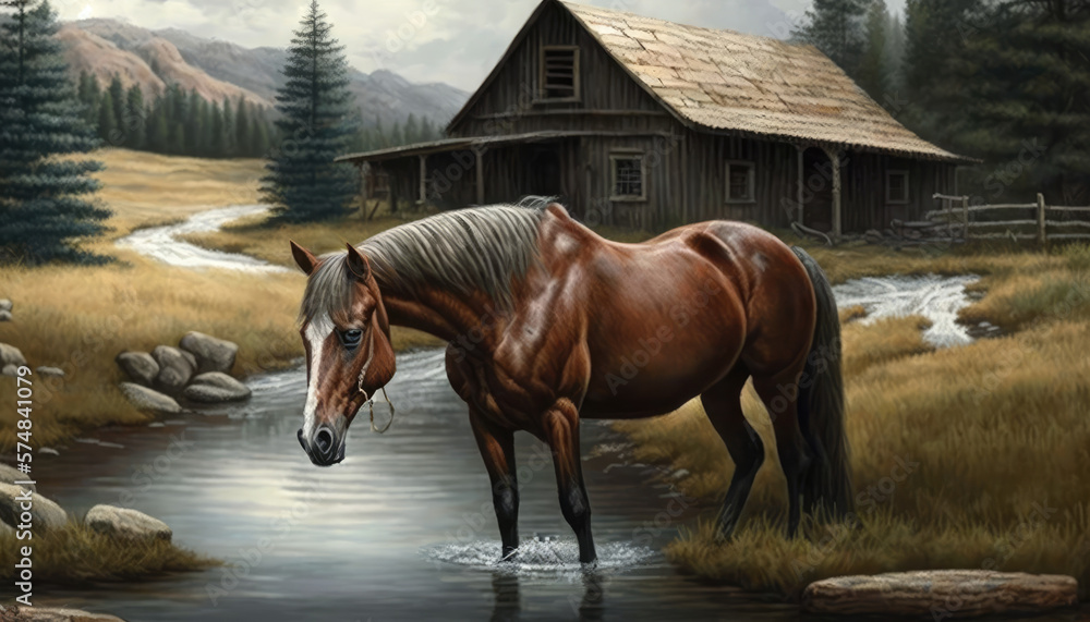 "Western Horse Art with Barn and Stream" - a stunning artwork of a ...