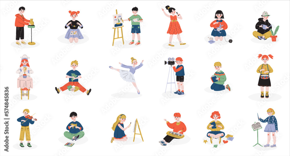 Vecteur Stock Children expressing their talents set. Boys and girls ...