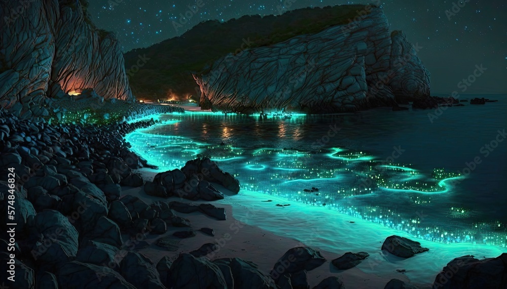 Bioluminescence. Blue, teal glowing jellyfish and underwater ocean marine life algae. Light in ...