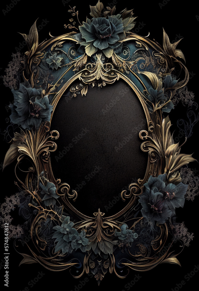Guilded frame with dark gothic florals and botanicals, matte gold ...