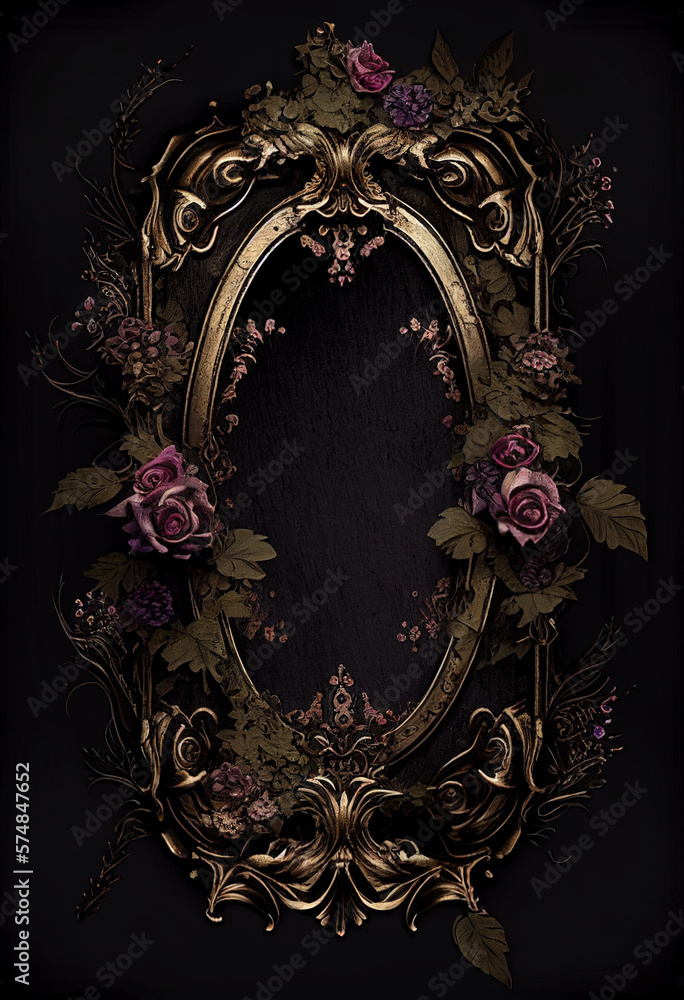 Guilded frame with dark gothic florals and botanicals, matte gold ...