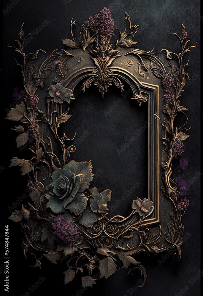 Guilded frame with dark gothic florals and botanicals, matte gold ...