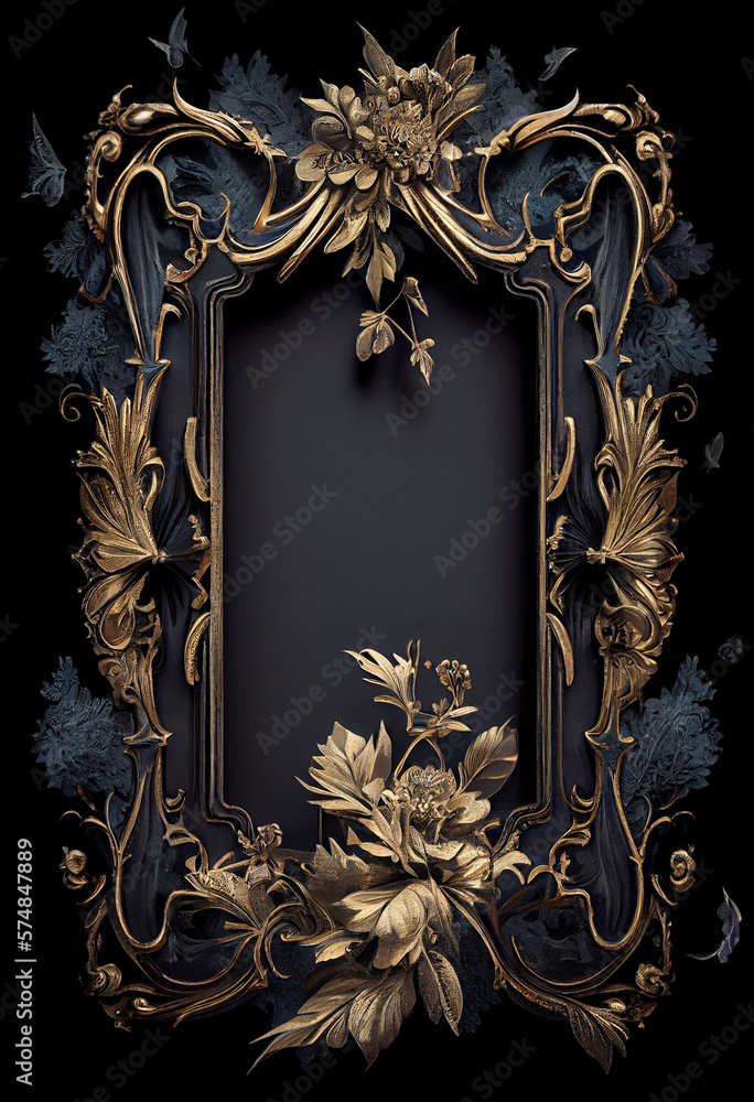 Guilded frame with dark gothic florals and botanicals, matte gold ...