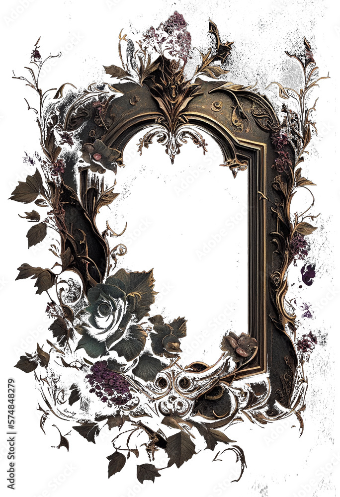transparent golden frame dark gothic florals and botanicals, matte gold ...