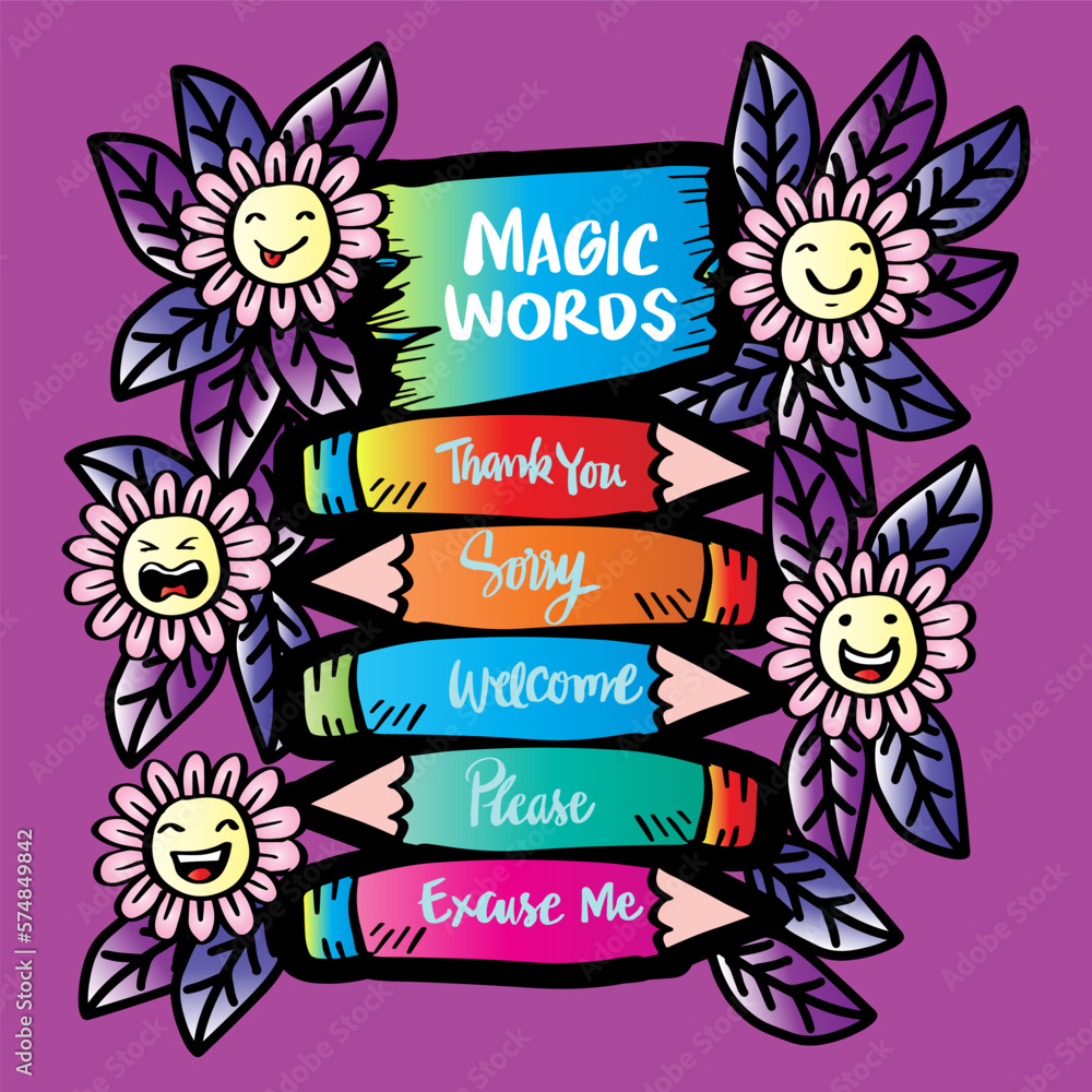 Magic words, thank you, sorry, welcome, please, excuse me. Wall art for classroom poster Stock ...