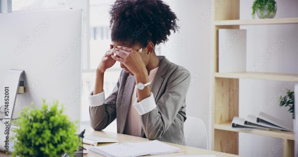 Stress and tired corporate African black woman at a computer in company ...