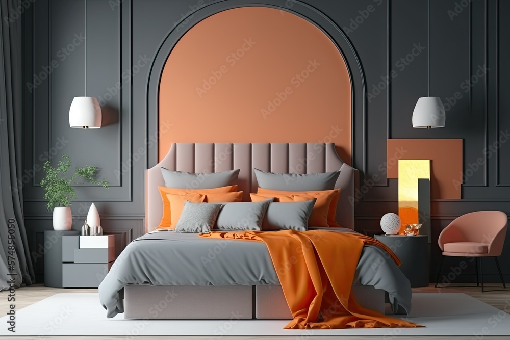 Very huge bedroom with bed emphasis and gray walls. Furniture in bright ...