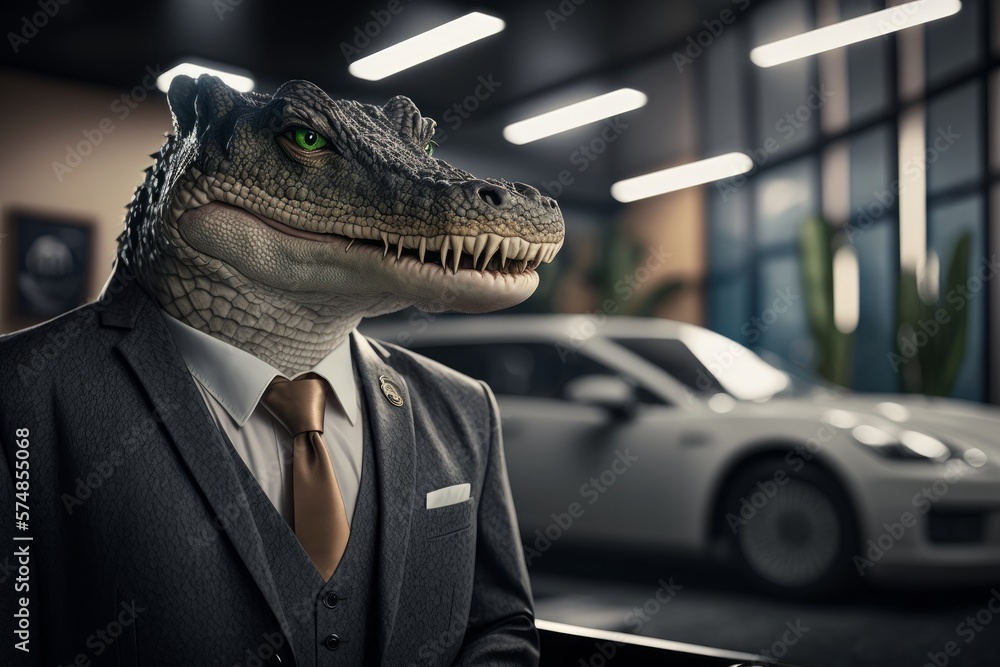 Natural meets cinematic: A crocodile in a business suit works at a ...